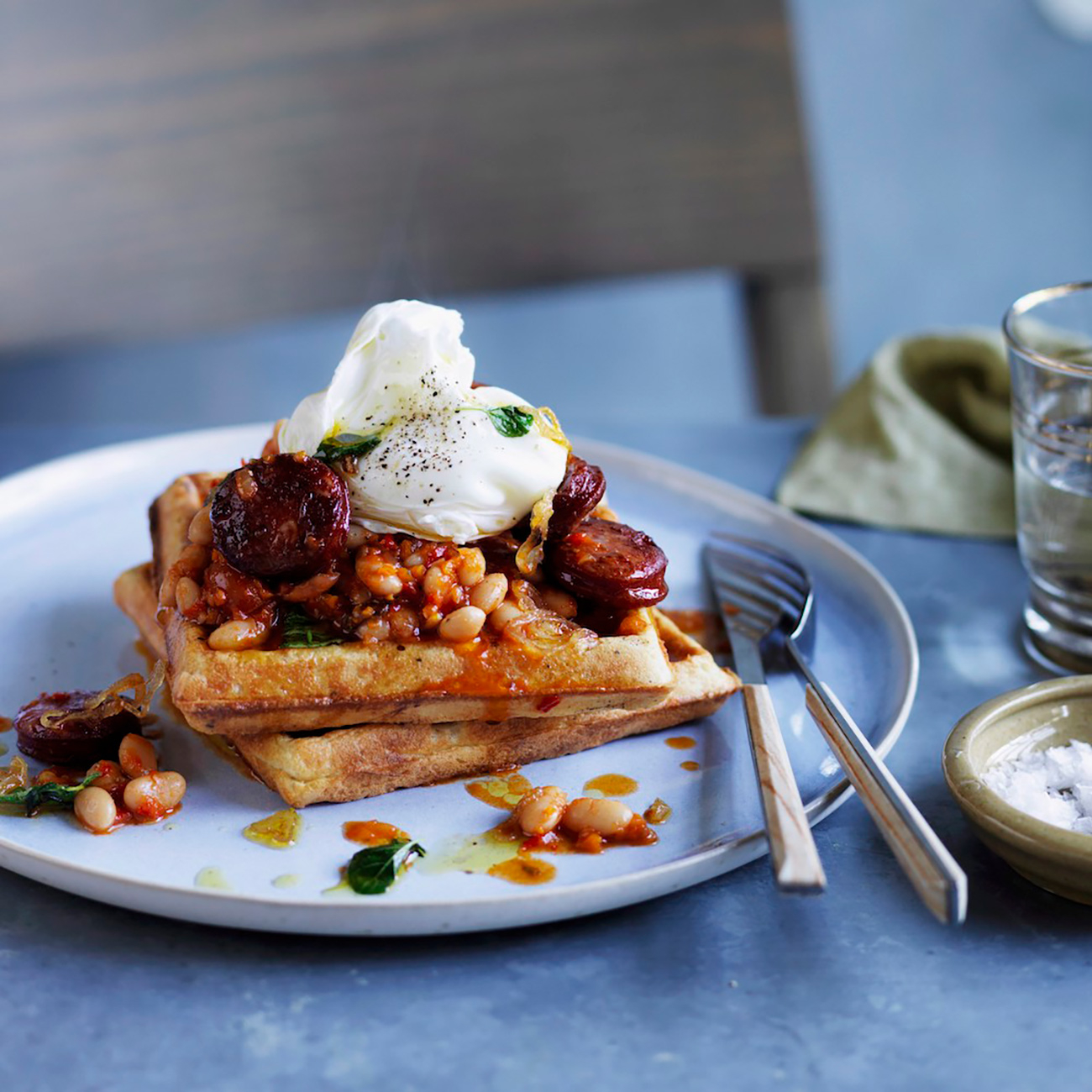 Savoury Waffles with Baked Beans Chorizo & Egg Recipe | Woolworths