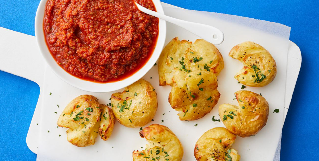 Smashed potatoes with veggie tomato sauce Recipe | Woolworths