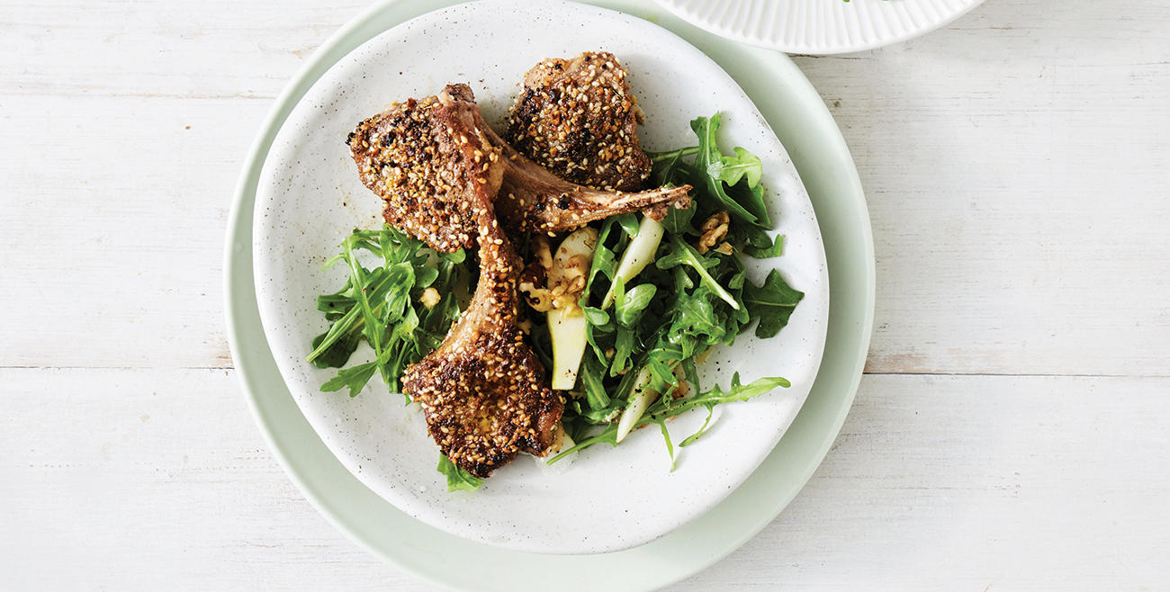 Dukkah-Crusted Lamb Cutlets with Rocket And Pear Salad Recipe | Woolworths